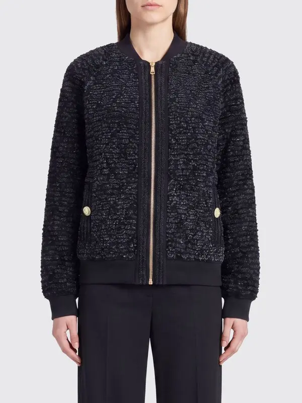Balmain Cropped Bouclé Bomber Jacket With Zip Closure And Welt Pockets