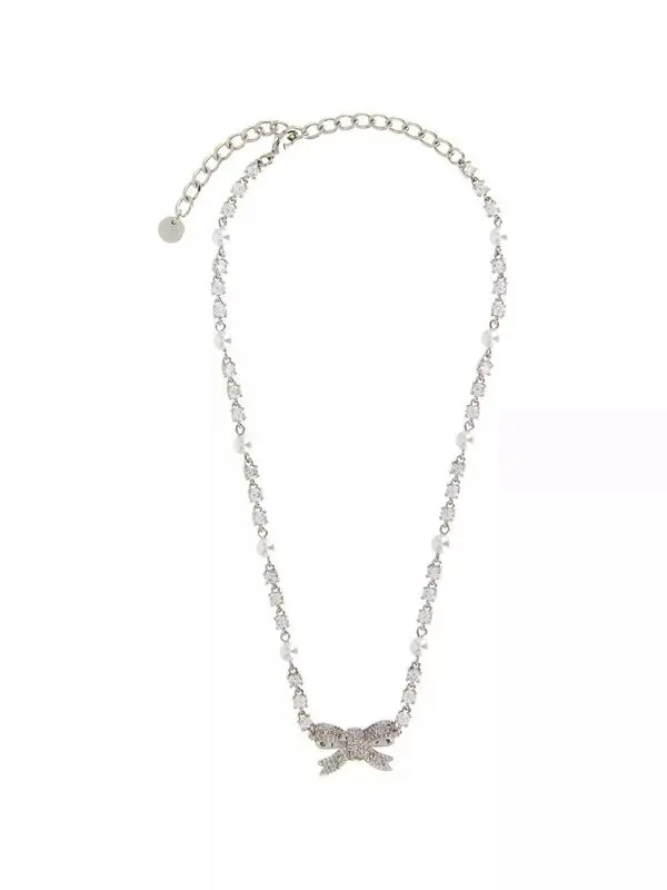 SELF-PORTRAIT Crystal Pearl Bow Necklace - Silver
