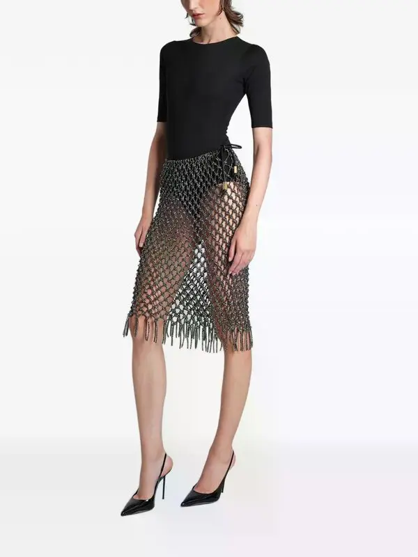 HIBOURAMA Crystal Woven Fringed Midi Skirt