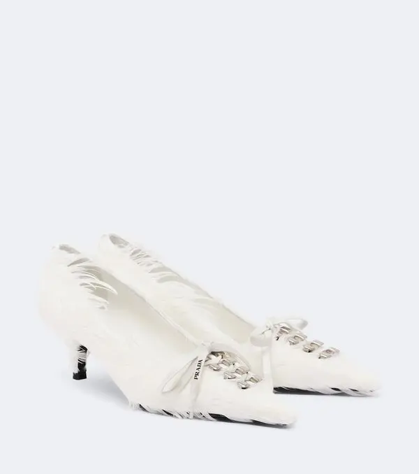 Prada Feather-trimmed Satin Pumps - White