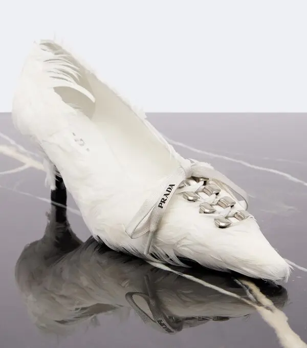 Prada Feather-trimmed Satin Pumps - White