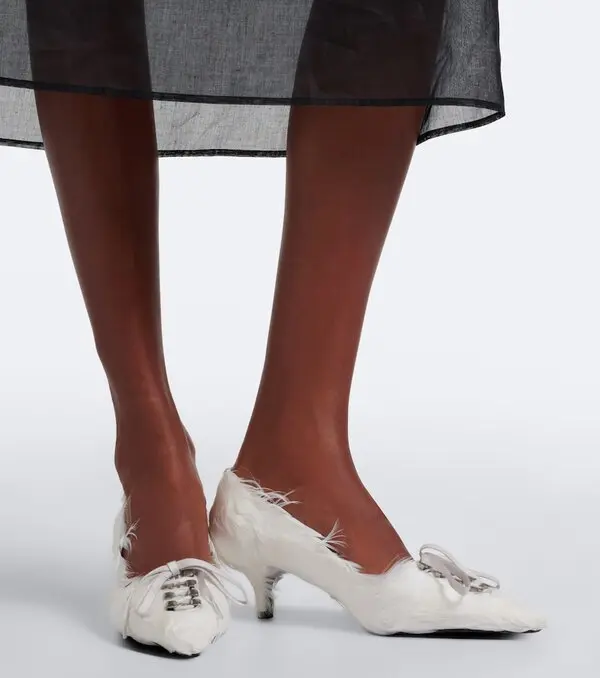 Prada Feather-trimmed Satin Pumps - White