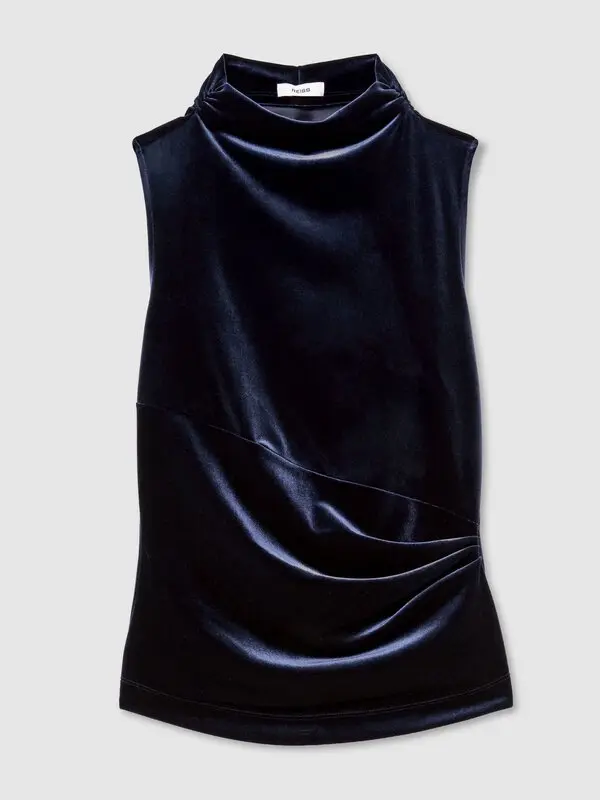 REISS Velvet High-neck Sleeveless Top - Navy