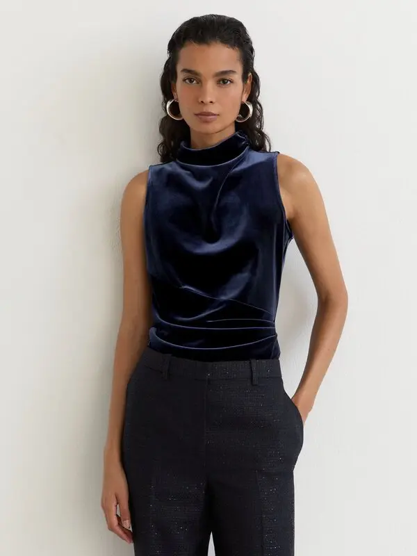 REISS Velvet High-neck Sleeveless Top - Navy