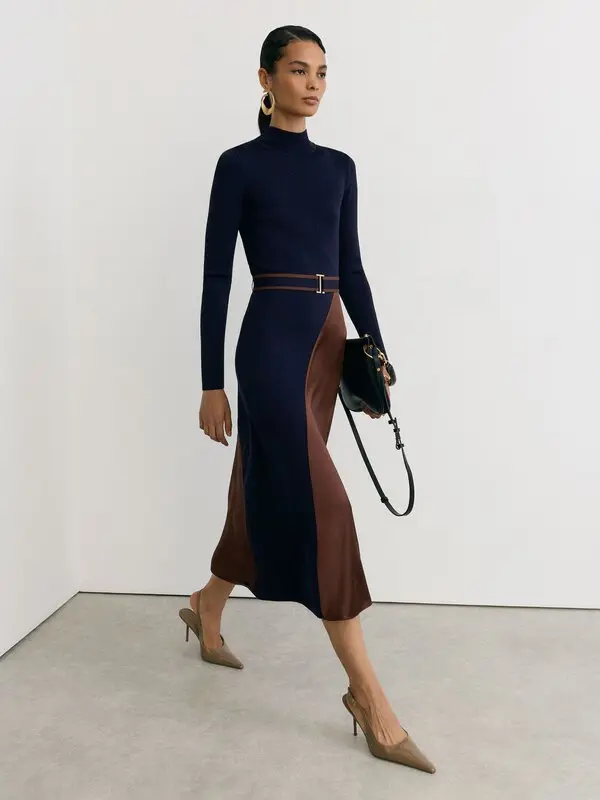 REISS Knitted Satin-panel Belted Midi Dress - Navy/camel