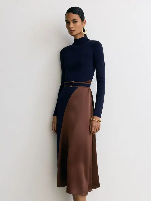 REISS Knitted Satin-panel Belted Midi Dress - Navy/camel