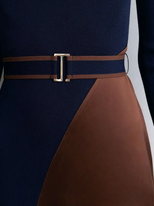 REISS Knitted Satin-panel Belted Midi Dress - Navy/camel