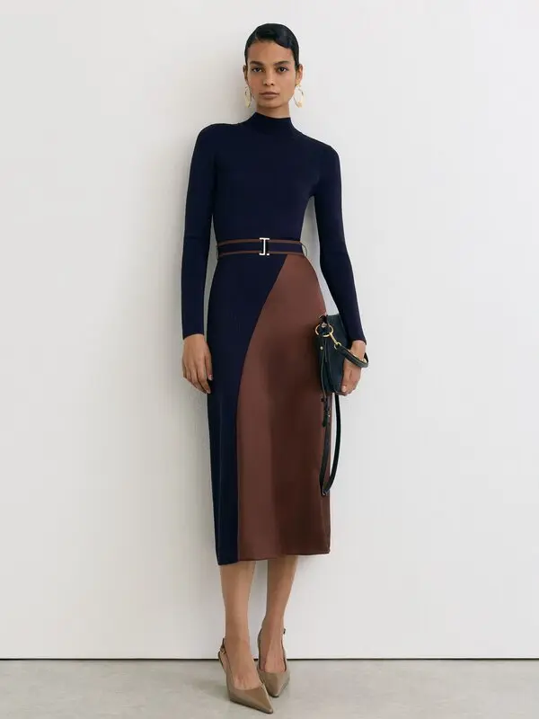 REISS Knitted Satin-panel Belted Midi Dress - Navy/camel