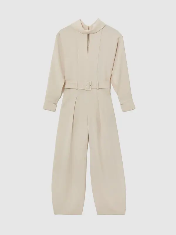 REISS High-neck Belted Barrel-leg Jumpsuit - Beige
