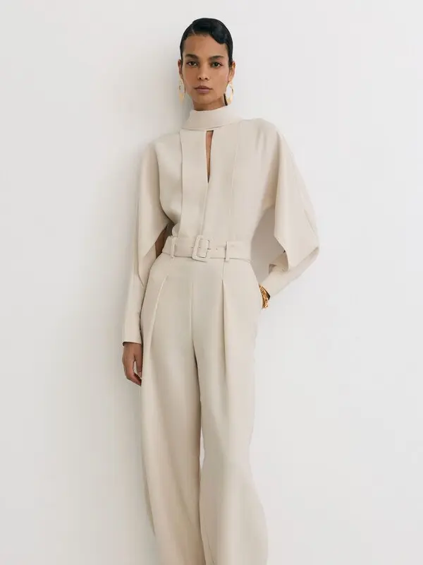 REISS High-neck Belted Barrel-leg Jumpsuit - Beige