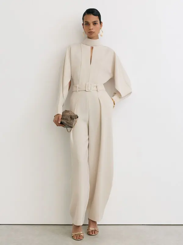 REISS High-neck Belted Barrel-leg Jumpsuit - Beige
