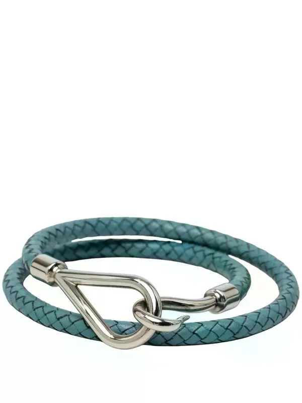 Hermès 2000-2026 Palladium Plated And Woven Leather Jumbo Hook Double Tour Bracelet Costume Bracelet - Blue