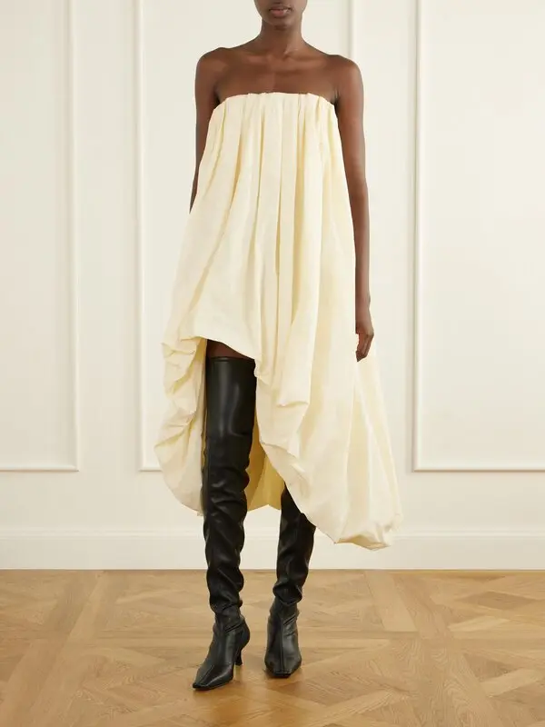 JIL SANDER Strapless Gathered Taffeta Midi Dress