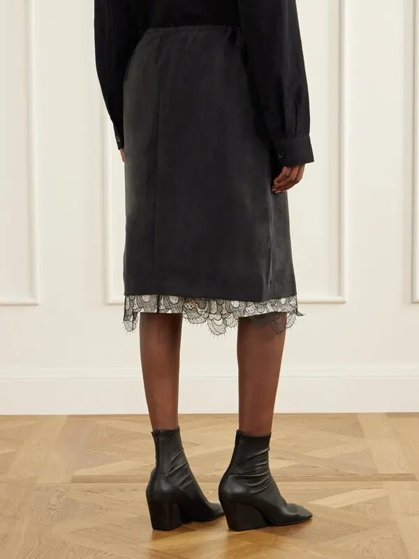 Studio Nicholson Alder Lace-trimmed Lyocell-twill Midi Skirt - Black