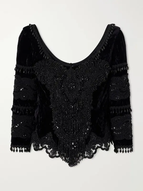 Anna Sui Fringed Bead-embellished Lace-trimmed Velvet Blouse