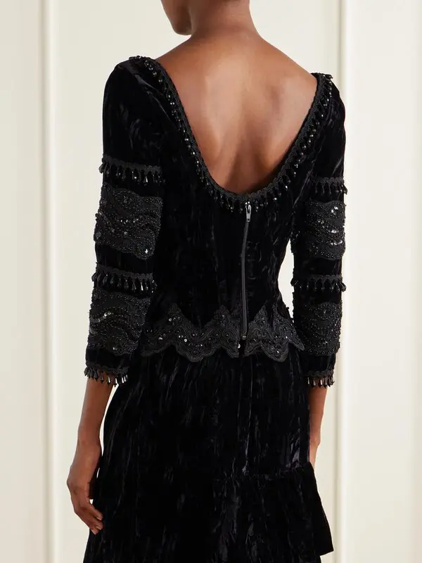 Anna Sui Fringed Bead-embellished Lace-trimmed Velvet Blouse