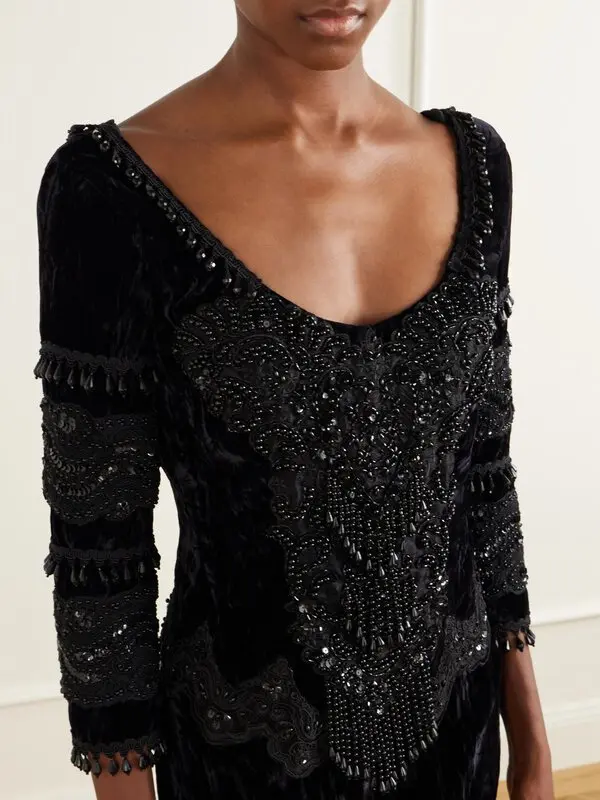 Anna Sui Fringed Bead-embellished Lace-trimmed Velvet Blouse