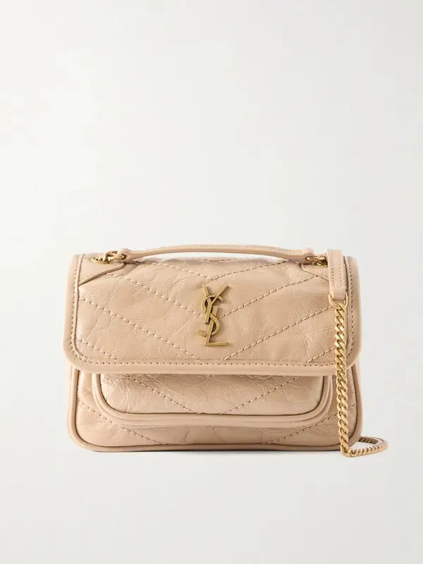 Saint Laurent Niki Mini Cassandre-embellished Crinkled-leather Shoulder Bag - Neutrals