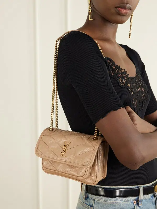 Saint Laurent Niki Mini Cassandre-embellished Crinkled-leather Shoulder Bag - Neutrals