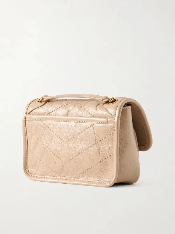 Saint Laurent Niki Mini Cassandre-embellished Crinkled-leather Shoulder Bag - Neutrals