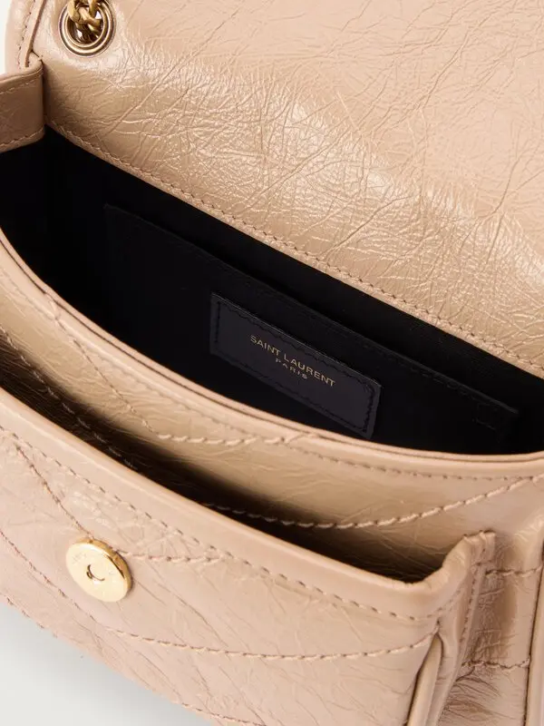 Saint Laurent Niki Mini Cassandre-embellished Crinkled-leather Shoulder Bag - Neutrals