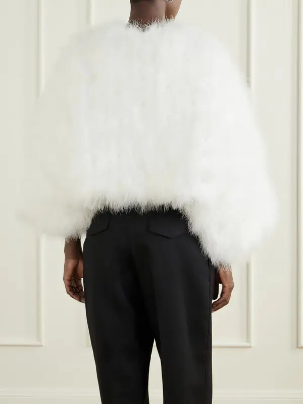 YVES SALOMON Cropped Feather-trimmed Satin Cape
