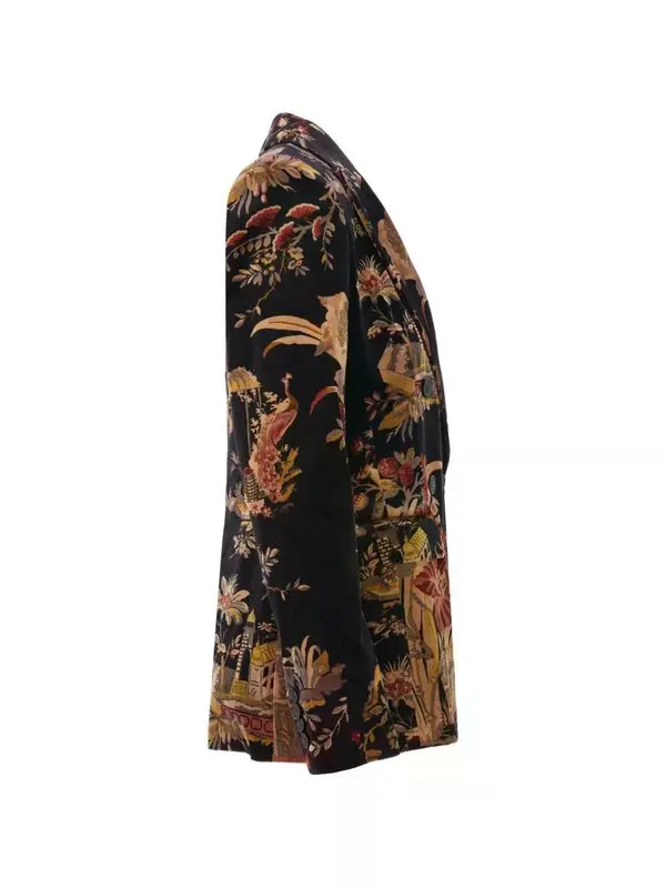 Etro Double-breasted Cotton-velvet Jacket With Flower And Animal Overprint - Black