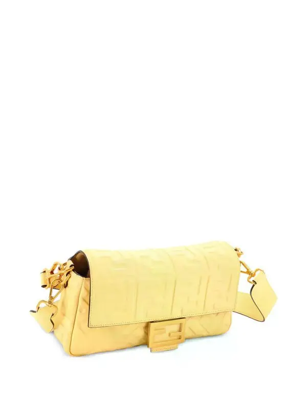 Fendi Baguette Nm Bag Zucca Embossed Leather Medium Crossbody Bag - Yellow
