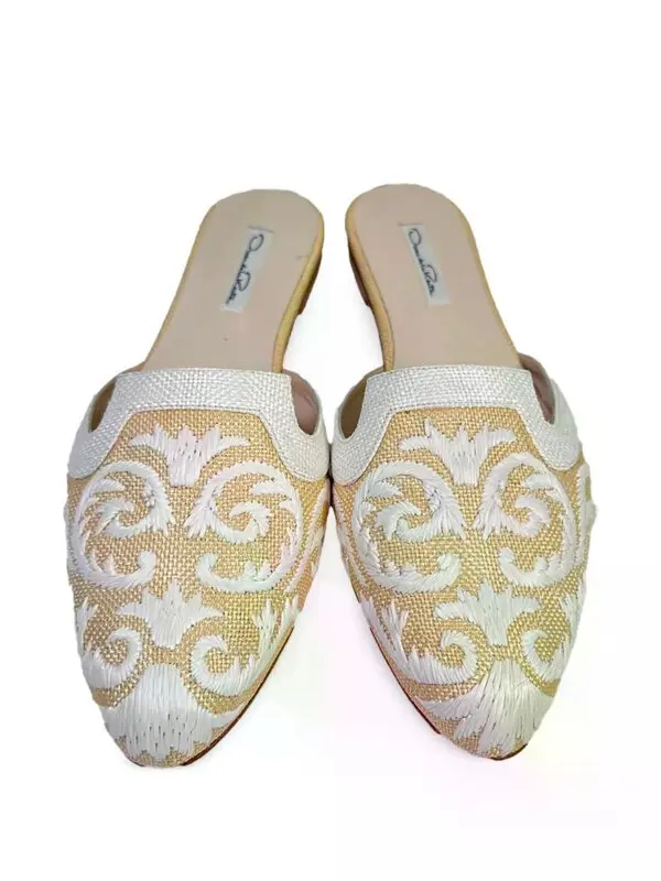 Oscar De La Renta Embroidered Raffia Mules