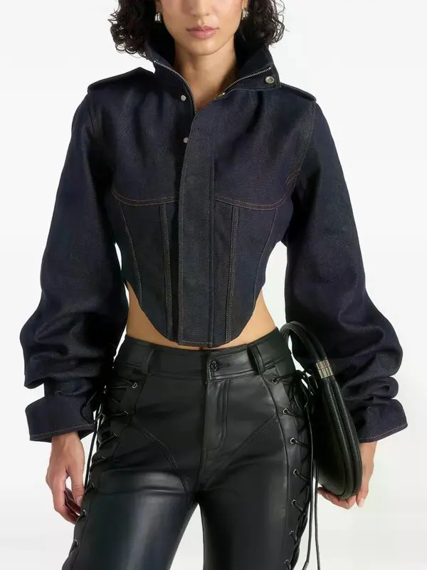 Manière De Voir Solange Denim Tacked Sleeve Corset Jacket