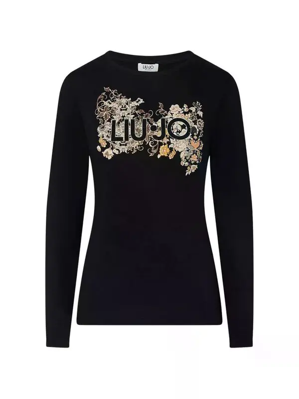 Liu Jo Cotton Logo-print Rhinestone-embellished Long-sleeve T-shirt - Black