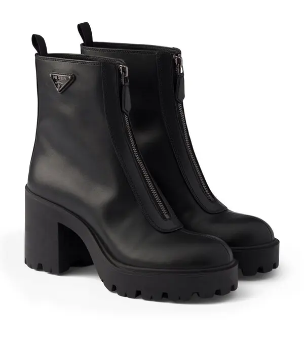 Prada Leather Zipped Heeled Ankle Boots 85