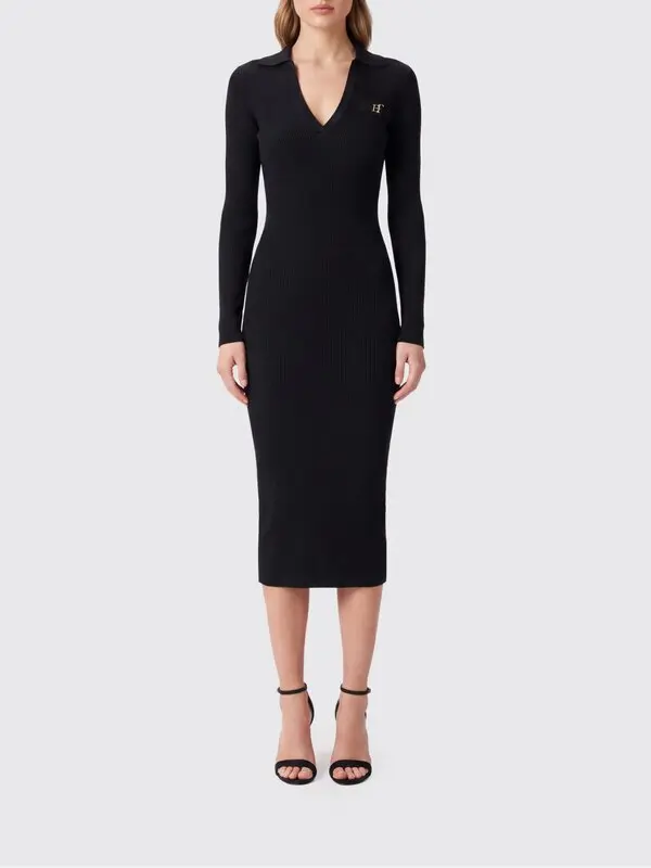 Elisabetta Franchi Ribbed V-neck Midi Sheath Dress - Black