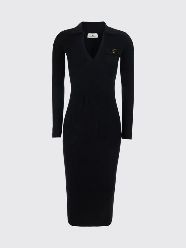 Elisabetta Franchi Ribbed V-neck Midi Sheath Dress - Black