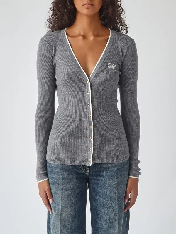 Elisabetta Franchi Slim Fit Wool Cardigan With Contrast Trim And Logo - Grey