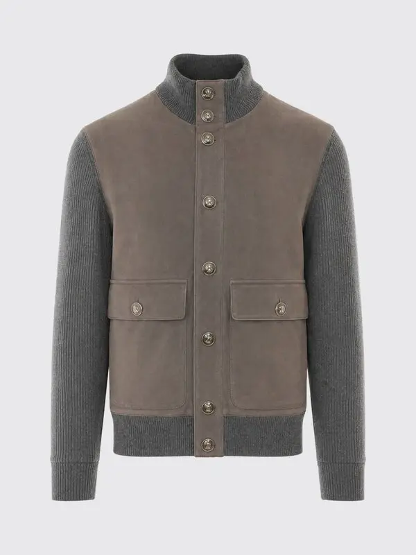 Brunello Cucinelli Suede Calfskin Bomber Jacket With Knit Details - Grey