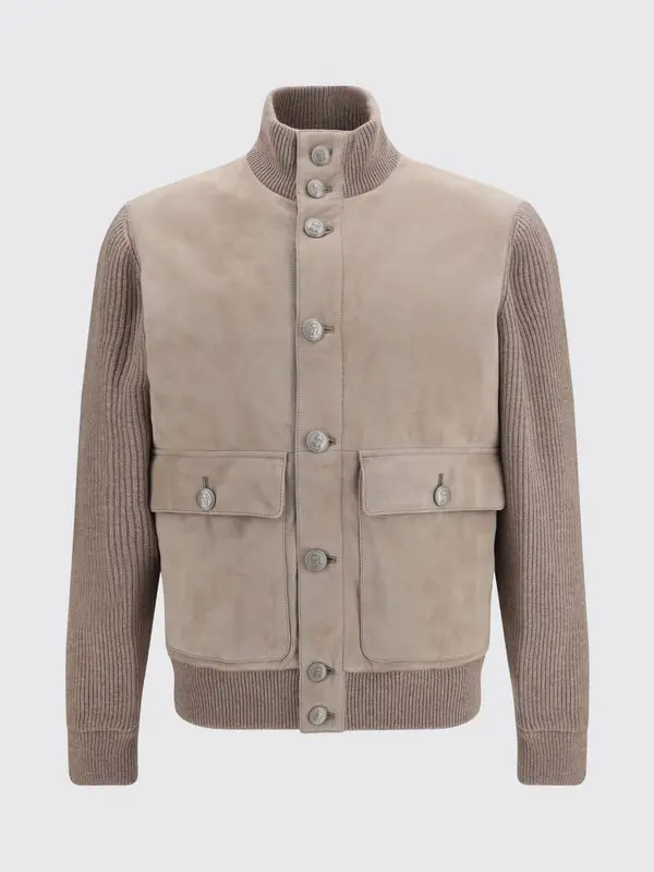 Brunello Cucinelli Suede Calfskin Bomber Jacket With Knit Details