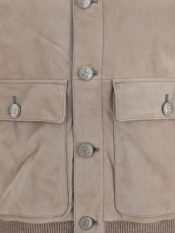 Brunello Cucinelli Suede Calfskin Bomber Jacket With Knit Details