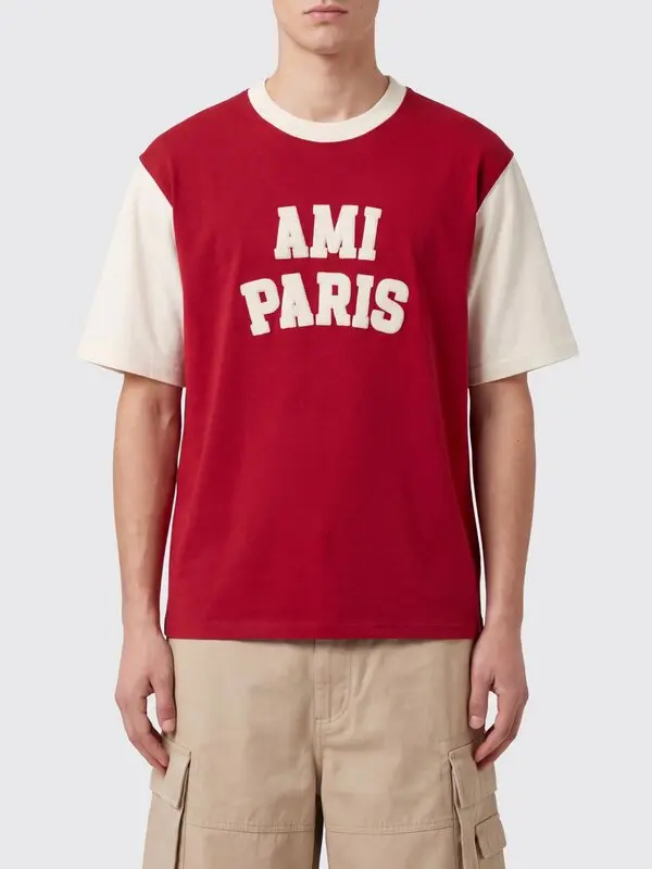 AMI Paris Two-tone Logo Print Cotton T-shirt - Red