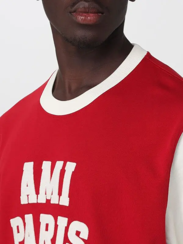 AMI Paris Two-tone Logo Print Cotton T-shirt - Ruby