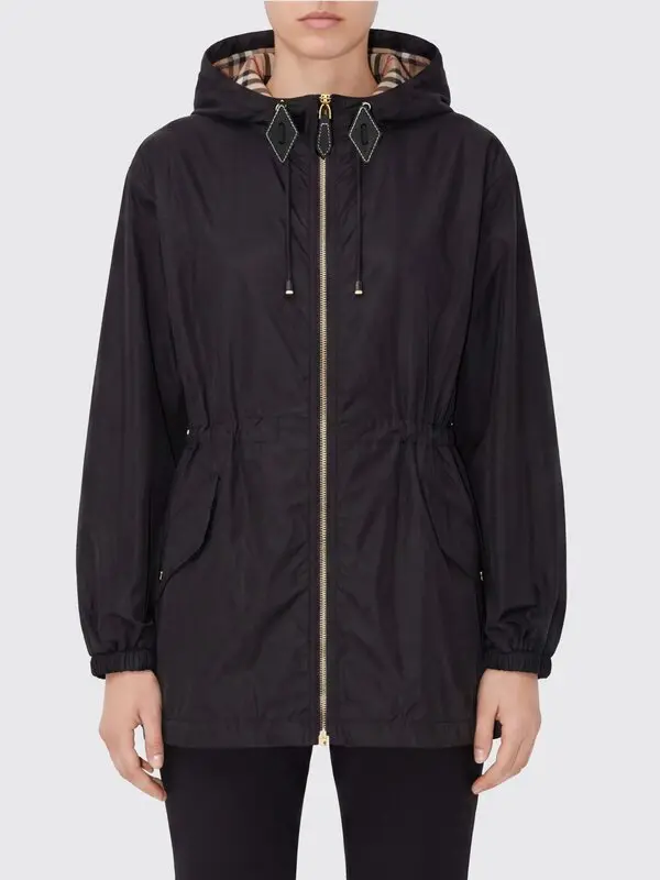Burberry Cropped Hooded Nylon Windbreaker Jacket With Zip Closure