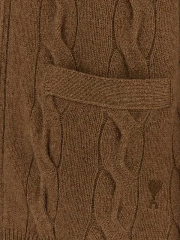AMI Paris V-neck Merino Wool Cardigan With Patch Pockets - Camel