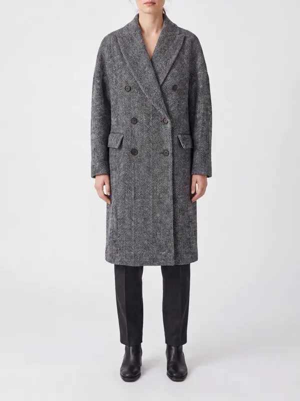 Brunello Cucinelli Relaxed Fit Double-breasted Wool Blend Coat With Lapels - Grey