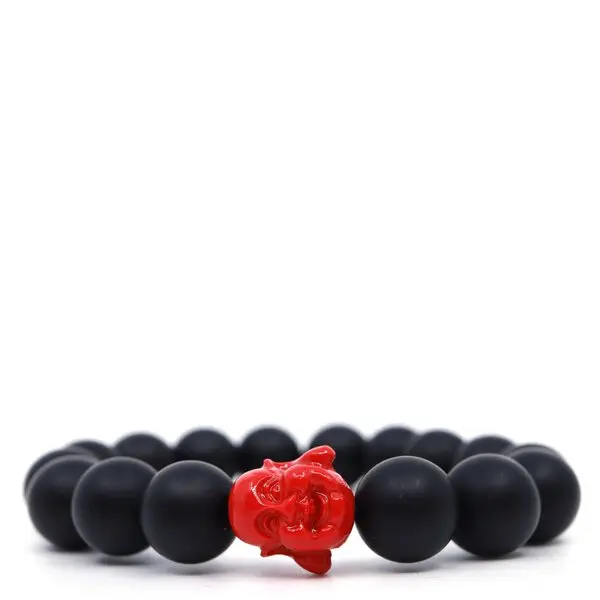 Shar Oke Black / Red Light Red Happy Buddha & Matte Onyx Beaded Bracelet - Black/red