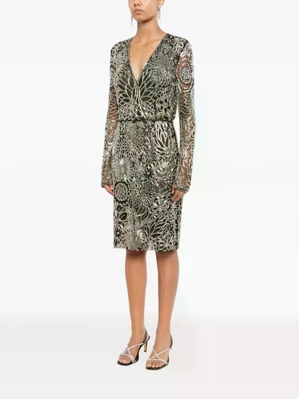 Naeem Khan Floral-beaded V-neck Dress