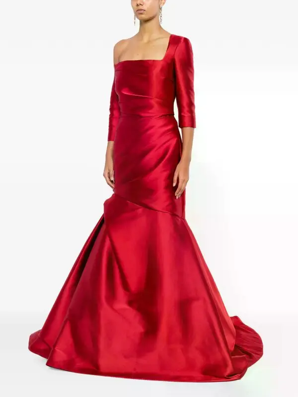 Monique Lhuillier Asymmetric-neckline Ruched Gown