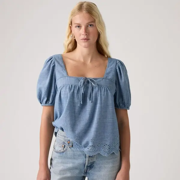 LEVI'S Darling Short Sleeve Cutwork Blouse - Blue