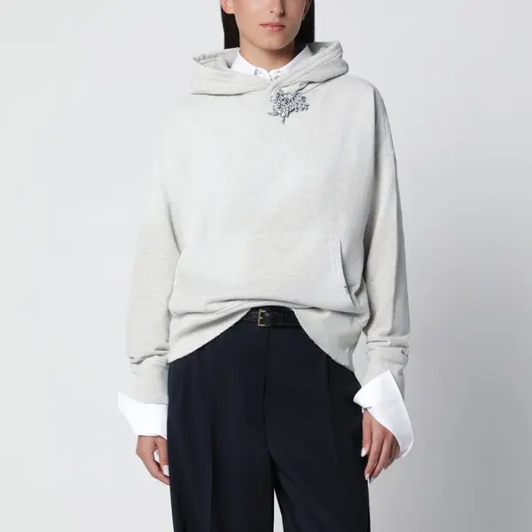 Prada Cotton Hooded Sweatshirt With Jewel Brooch - Beige