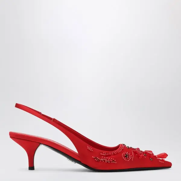 Prada Embroidered Satin Slingback Pumps - Red