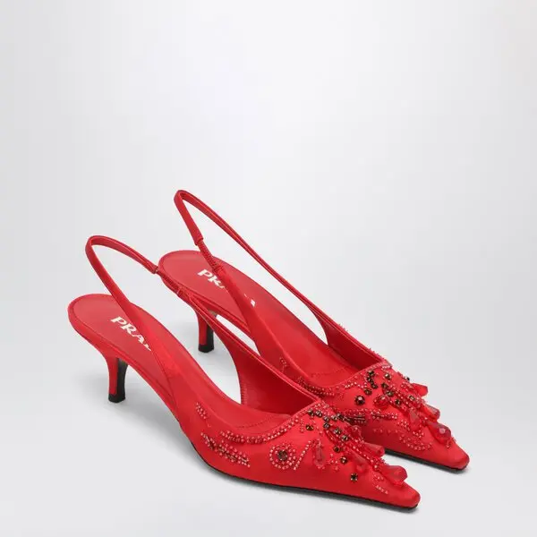 Prada Embroidered Satin Slingback Pumps - Red